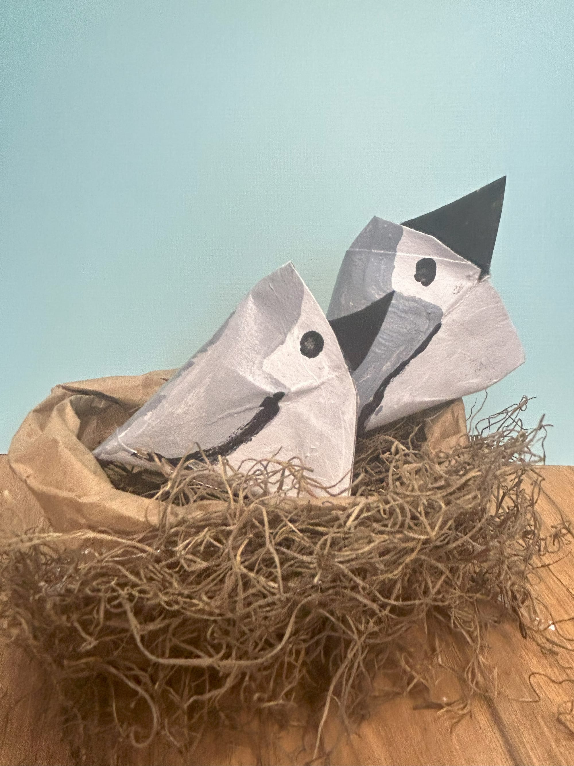 Toilet paper roll birds in a nest craft